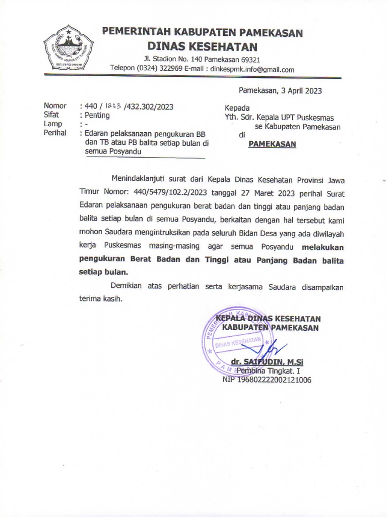 Edaran Pelaksanaan Pengukuran BB TB PB Setiap Bulan | PDF