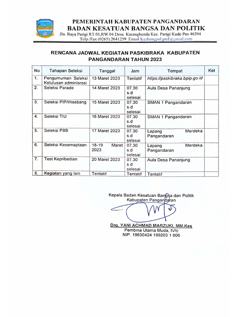 Rencana Jadwal Kegiatan Paskibraka Kab. Pangandaran 2023 | PDF