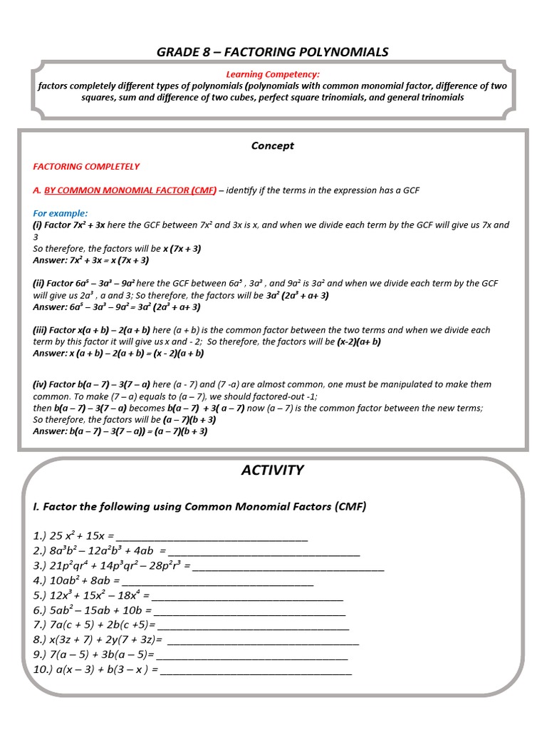 Grade 8 Polynomial Factoring Guide | PDF | Teaching Methods & Materials
