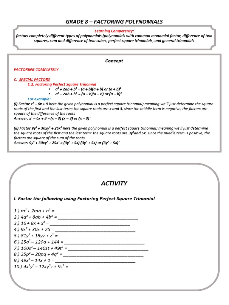 G8 Q1 Factoring Polynomials 1.5 | PDF