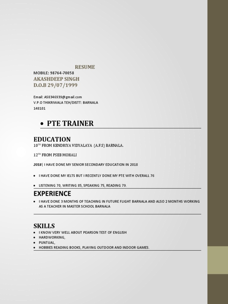PTE Trainer Resume of Akashdeep Singh | PDF