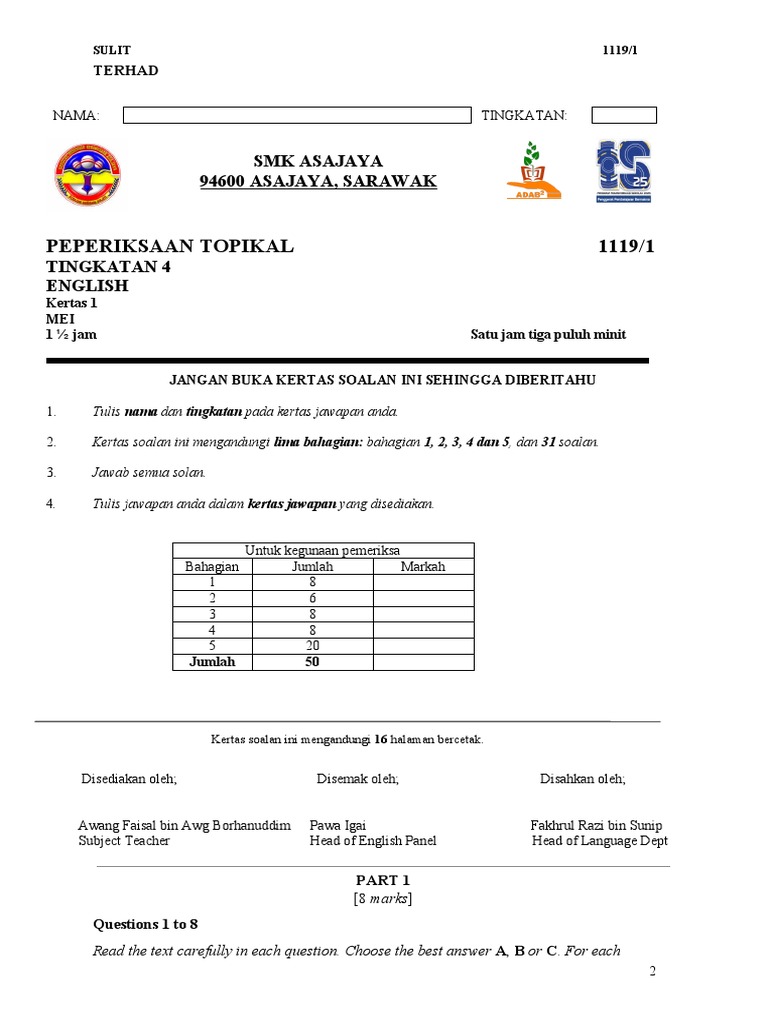 AR1 FORM 4 READING + ANSWER SCHEME 2023 | PDF | Multiple Choice