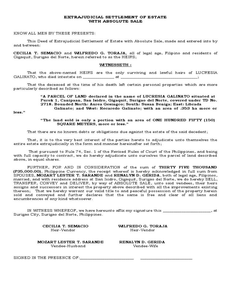 Extrajudicial-Settlement of Estate with Absolute Sale | PDF | Deed ...
