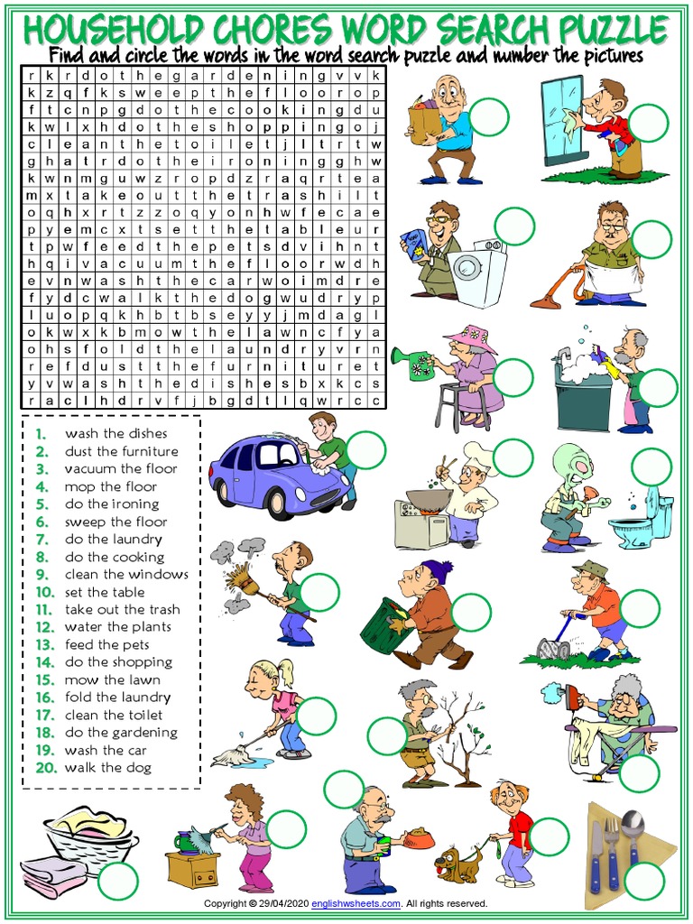 household chores vocabulary esl word search puzzle worksheet for kids | PDF