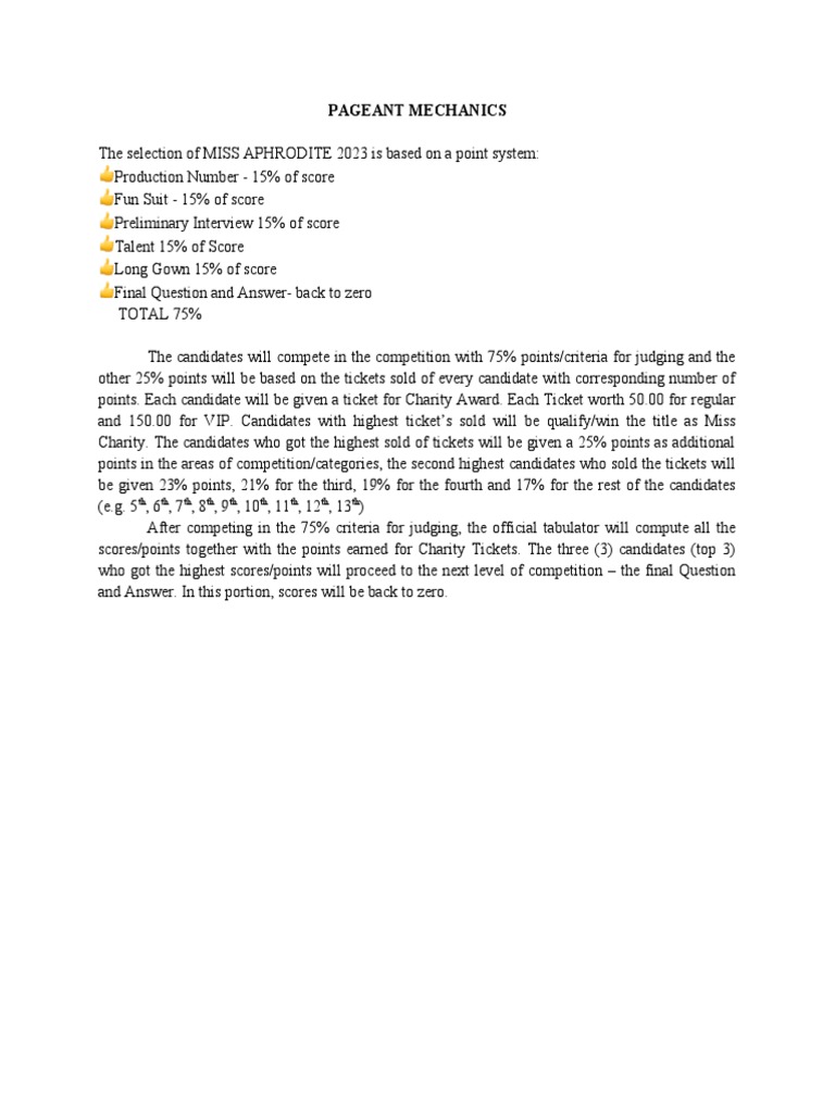 PAGEANT MECHANICS and CRITERIA FOR JUDGING | PDF | Clothing | Fashion PAGEANT MECHANICS and CRITERIA FOR JUDGING | PDF | Clothing | Fashion