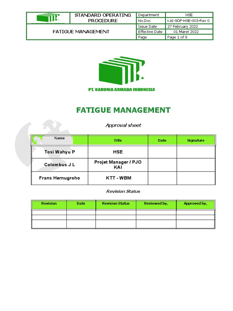 KAI SOP HSE 003 Fatigue Mangement | PDF