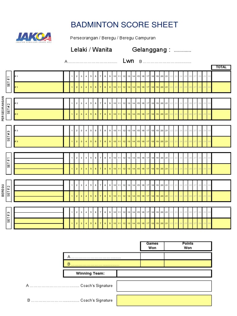 Badminton Score Sheet KSOA 2023 | PDF