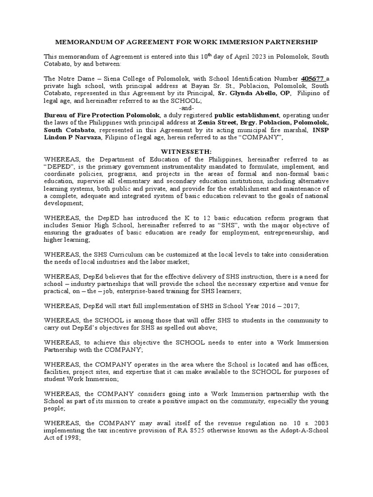 MOA SHS Work Immersion Template | PDF | Legal Liability | Intellectual ...