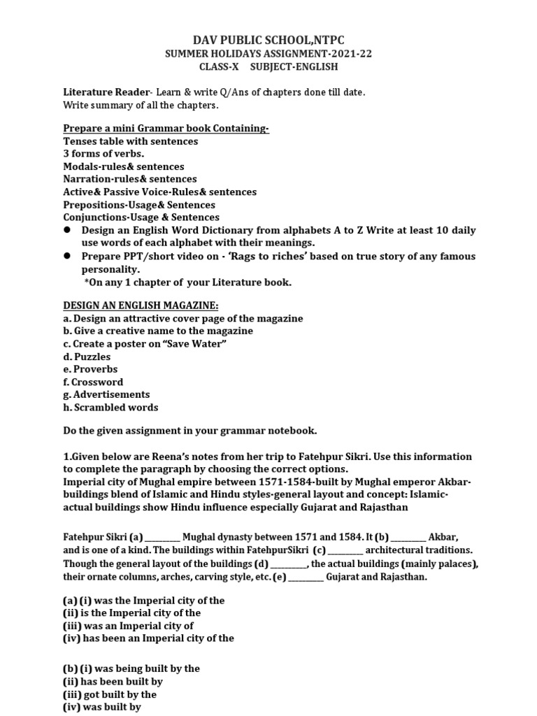 Class 10 English Summer Assignment | PDF | Books | Linguistics