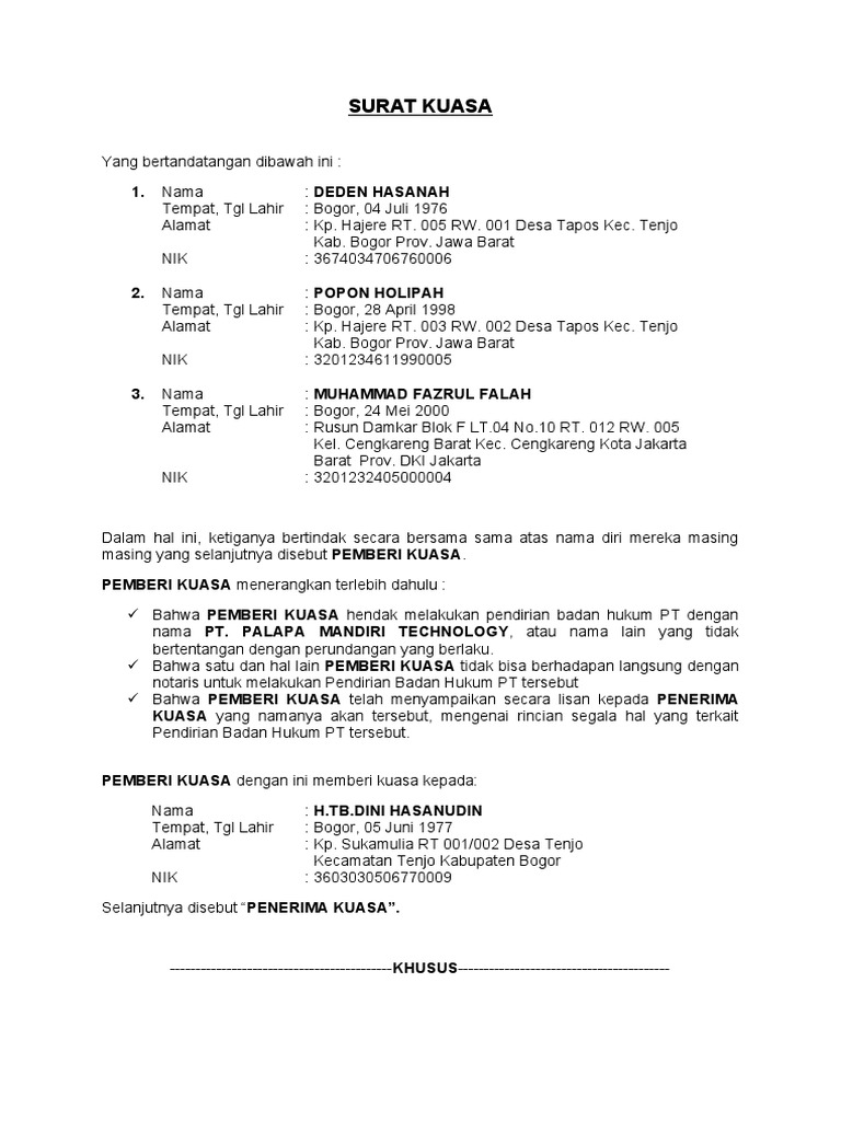 Surat Kuasa Pendirian PT. PMT | PDF