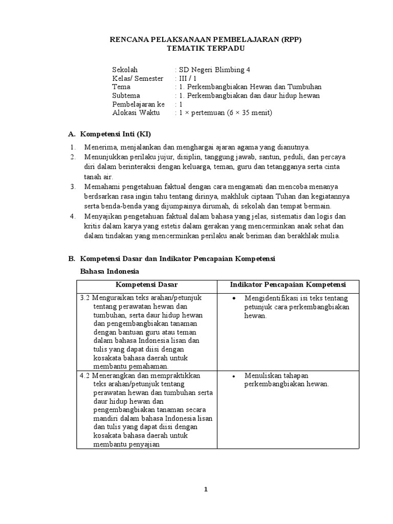 RPP Kelas 3 Tema 1 Sub 1 PB 1 | PDF | Karier & Perkembangan