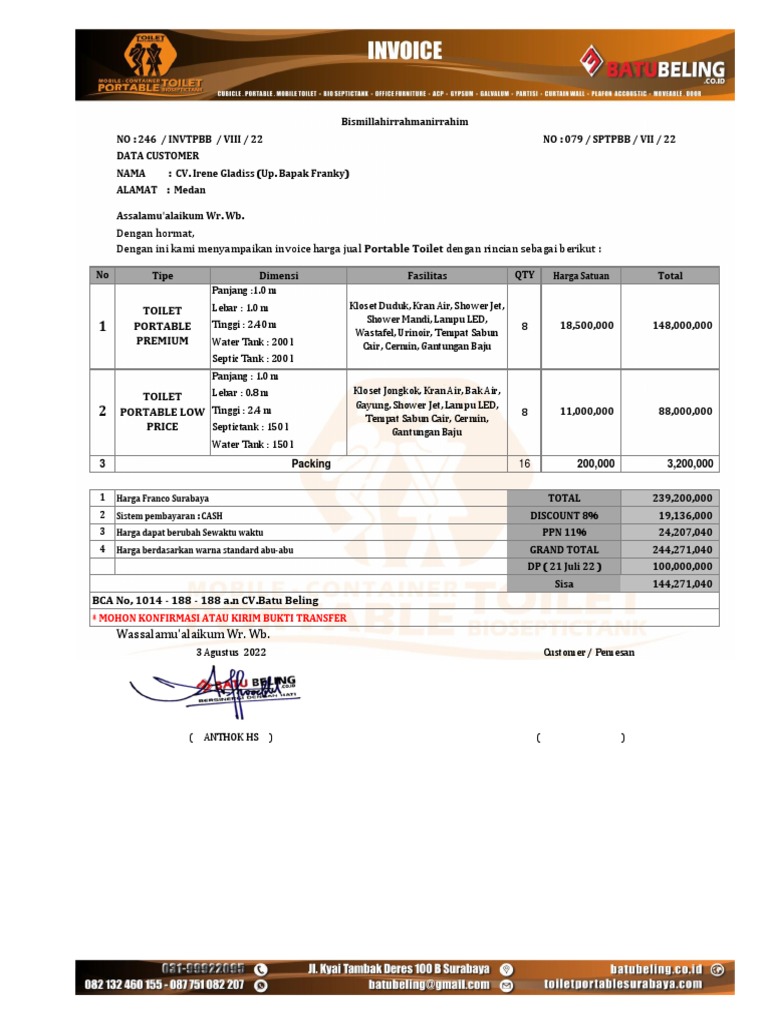 Invoice Pelunasan CV. Irene Gladiss Medan | PDF
