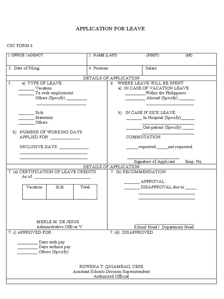 Form 6 Short Leave Maam Rowena Elementary | PDF