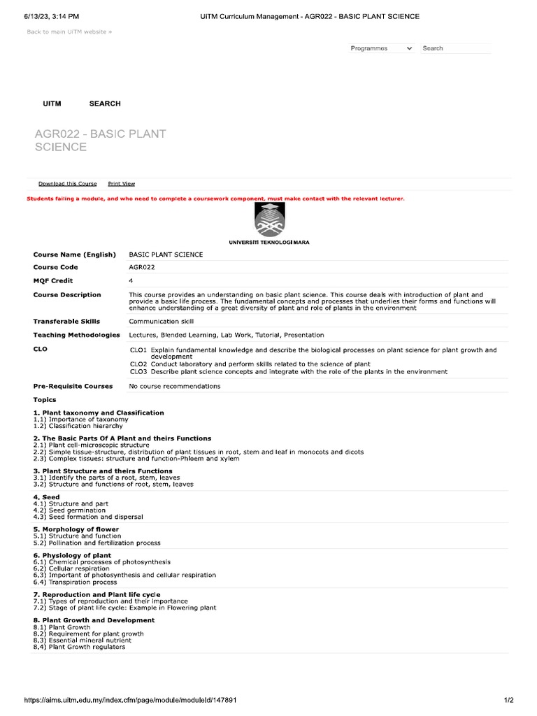Course Info Basic Plant Science AGR022 | PDF