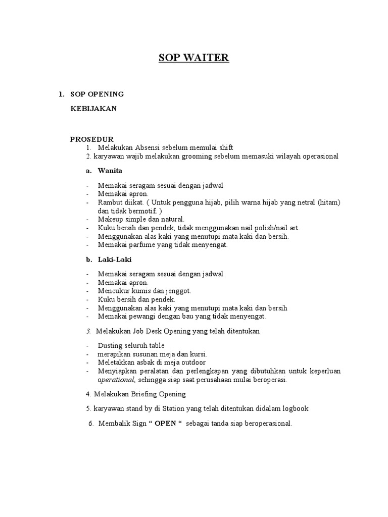 SOP Pelayanan Waiters Restoran | PDF