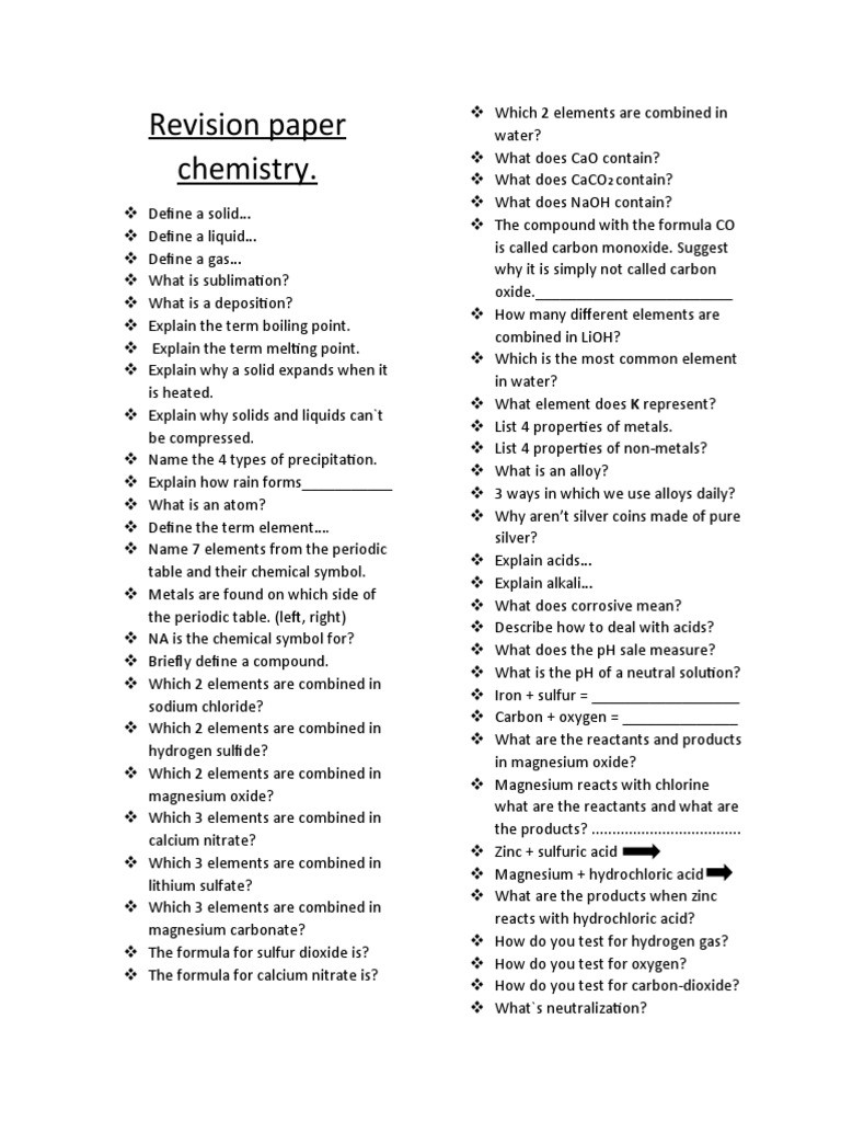 Revision Paper Chemistry Year 7 | PDF