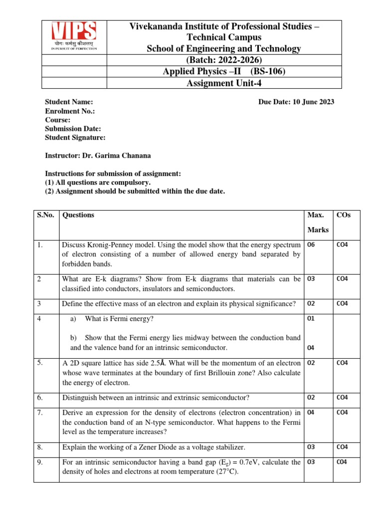 Applied Physics II - Assignment - 4 | PDF | Semiconductors | Electrical ...