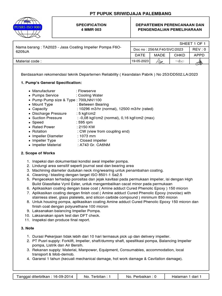 SOW Coating Impeller Pompa F6O-6209JA | PDF