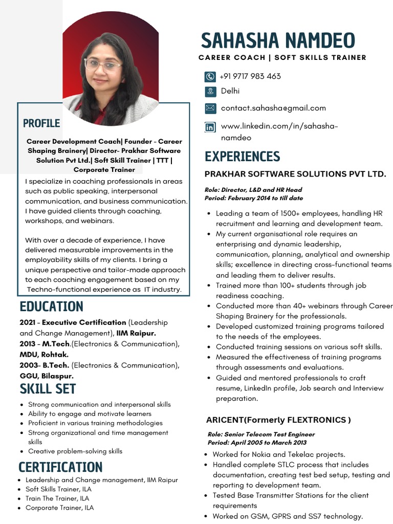 Sahasha Namdeo - Soft Skills Trainer - 17 Years | PDF | Skill | Leadership