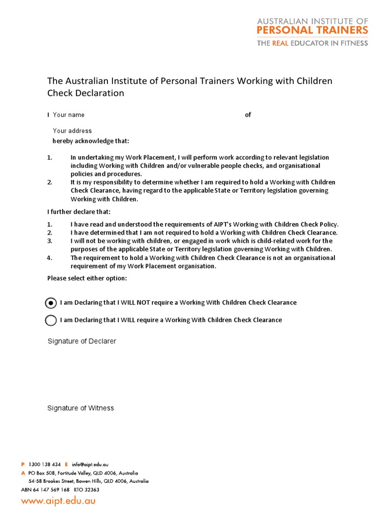 AIPT Working with Children Declaration | PDF | Law | Wellness