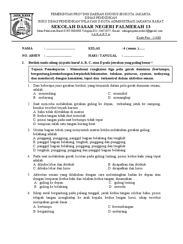 Edit SOAL PAS PJOK KELAS 6 SMT 2 S023 | PDF