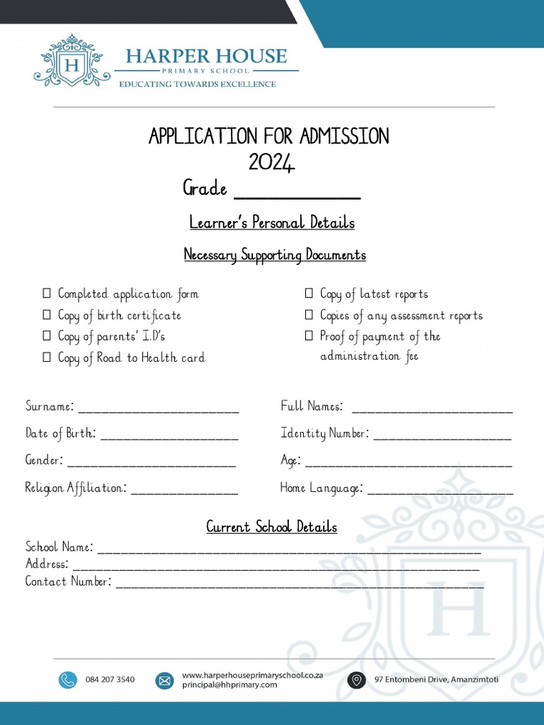 Harper House Primary Admission Form 2024 | PDF