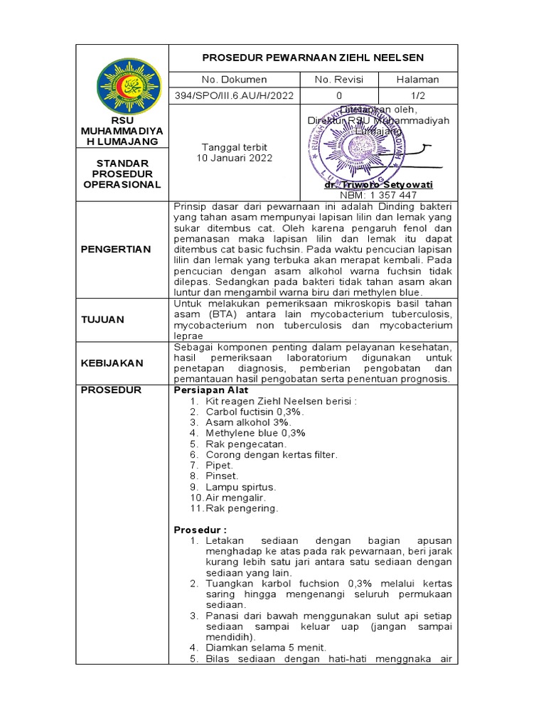 Prosedur Pewarnaan Ziehl Neelsen | PDF