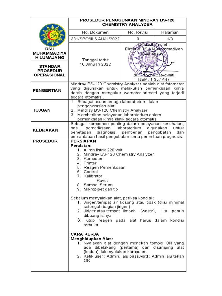 Prosedur Penggunaan Mindray BS-120 Chemistry Analyzer | PDF