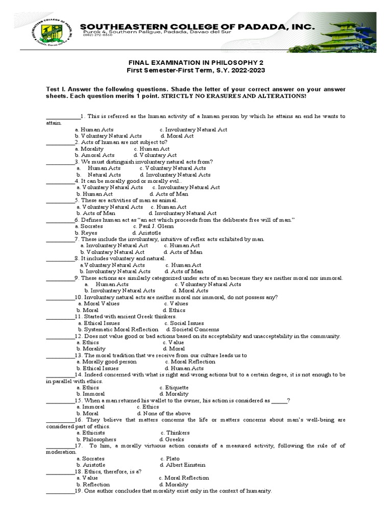 Philosophy Final Exam Questions 2023 | PDF | Wellness | Science ...