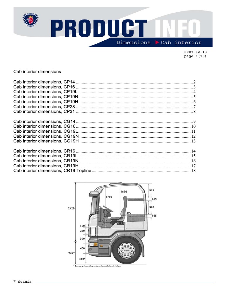 Scania Cab Interior Dimensions Guide | PDF