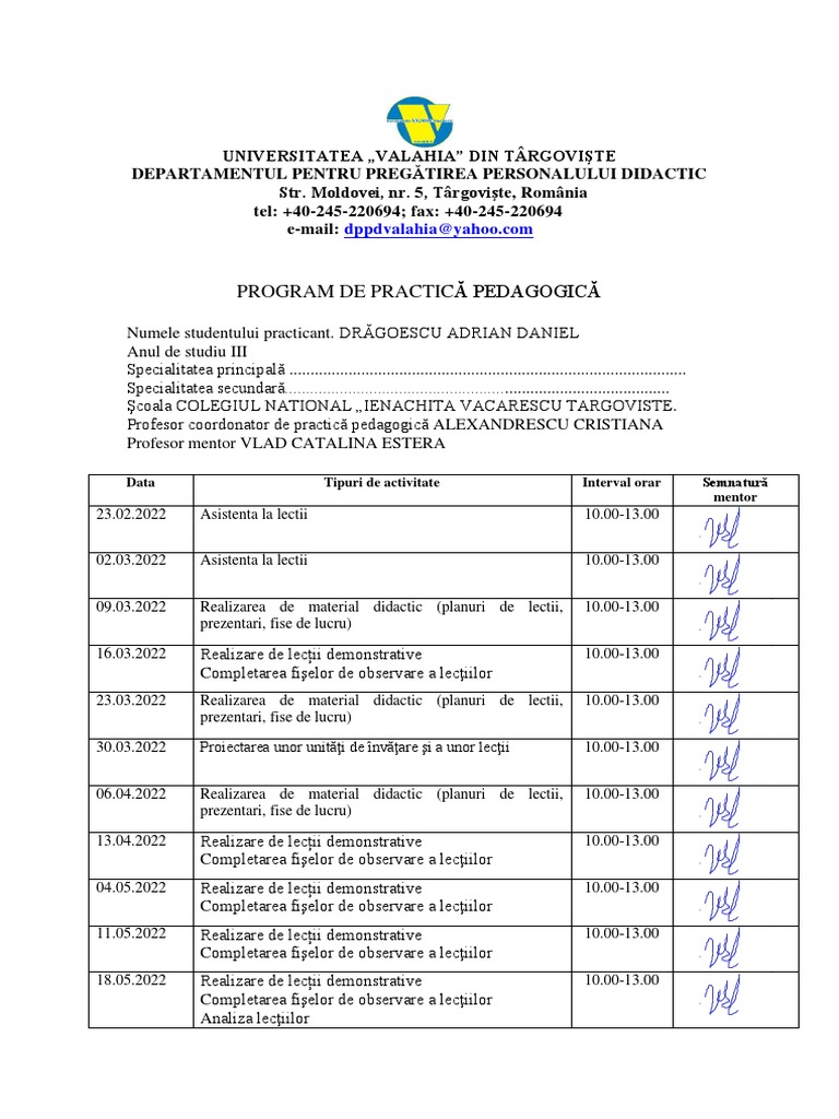 Program de Practica Pedagogica VLAD CATALINA | PDF