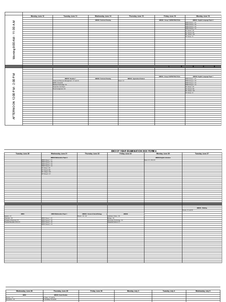 End of Year Exam Timetable 2023 - 4th Form Timetable | PDF