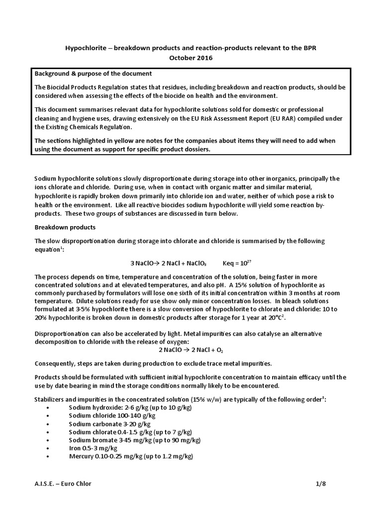Hypochlorite Breakdown and Reaction Products Relevant For The BPR Fina ...