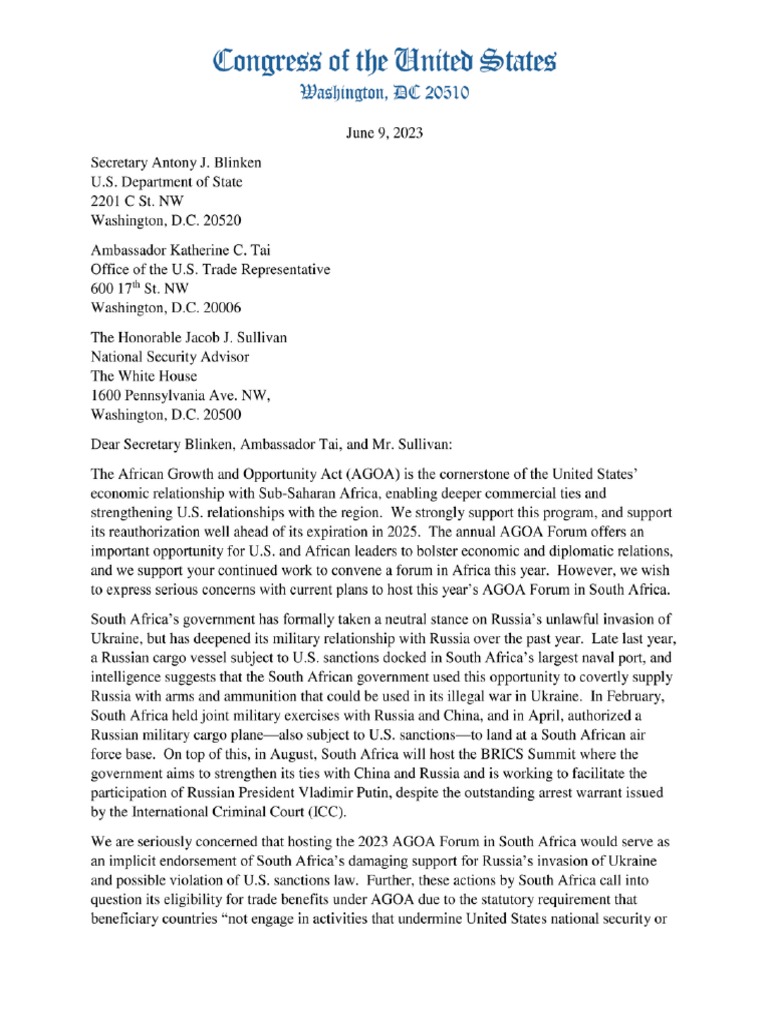 Congressional Bipartisan Letter Appealing For US Action Against SA | PDF