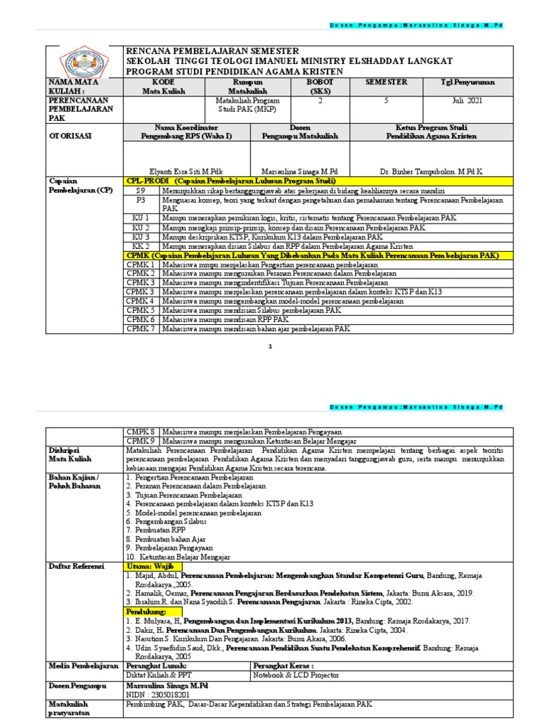 RPS KP Perencanaan Pembelajaran PAK 2020 | PDF