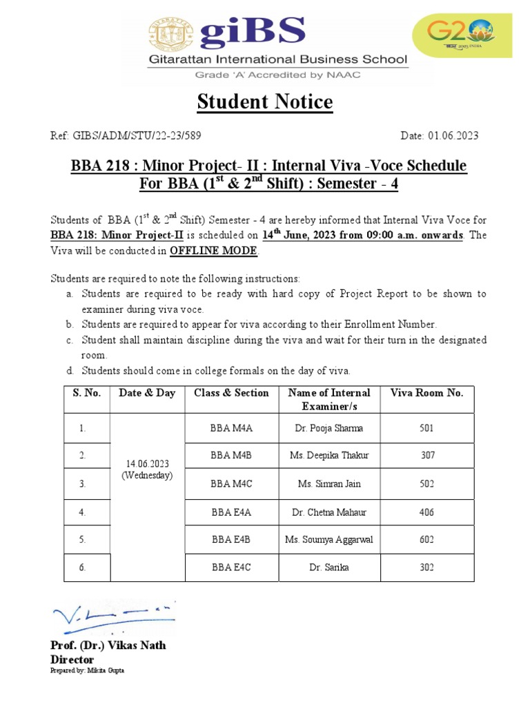 Student Notice: BBA 218: Minor Project-II: Internal Viva - Voce ...