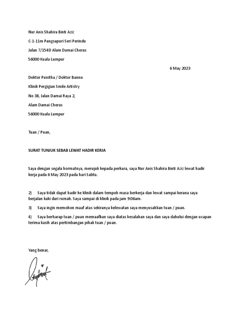 Surat Tunjuk Sebab Lewat Hadir Kerja | PDF