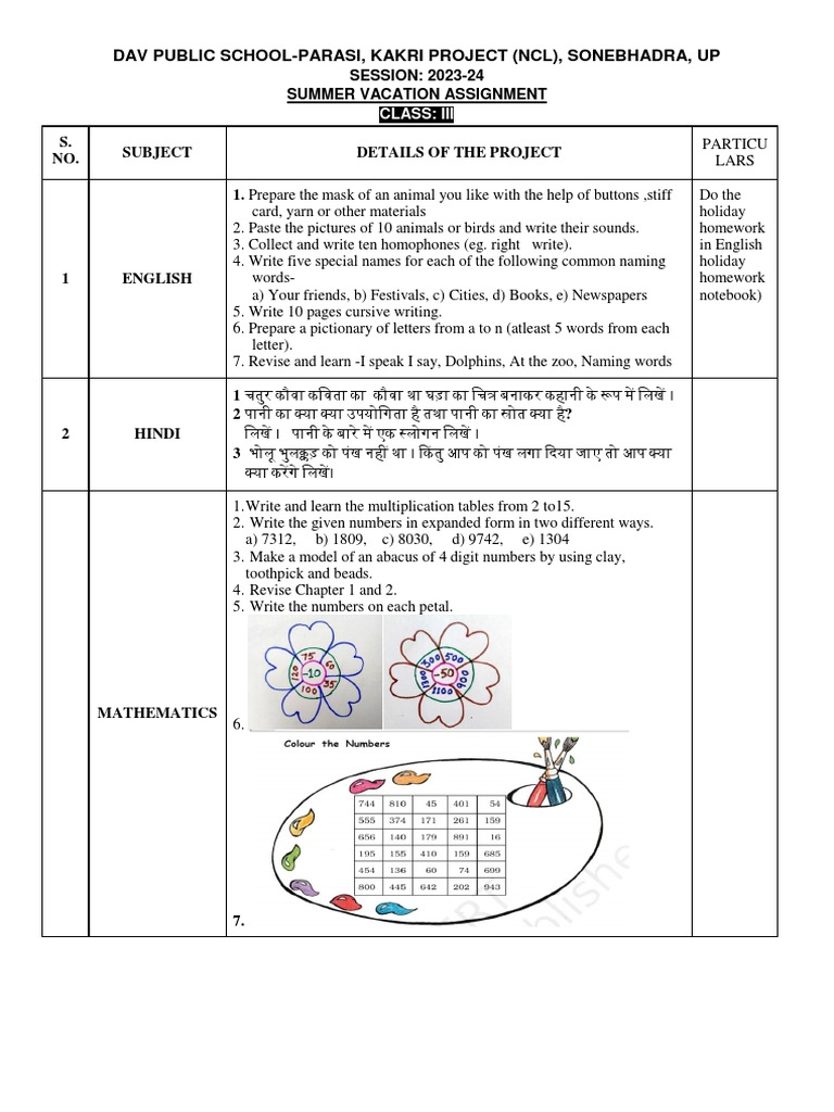 Class 3 Summer Vacation Assignment | PDF | Foreign Language Studies