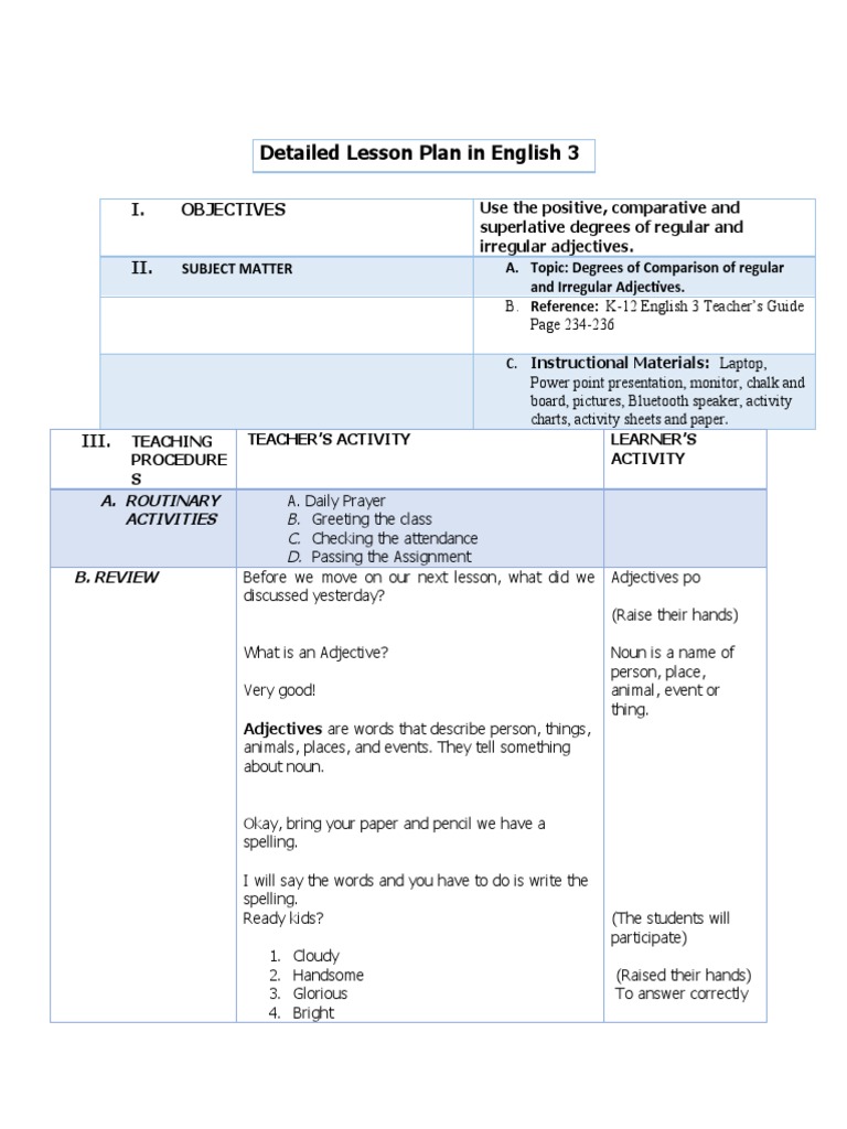 Detailed Lesson Plan in English 3 | PDF | Adjective | Syntax