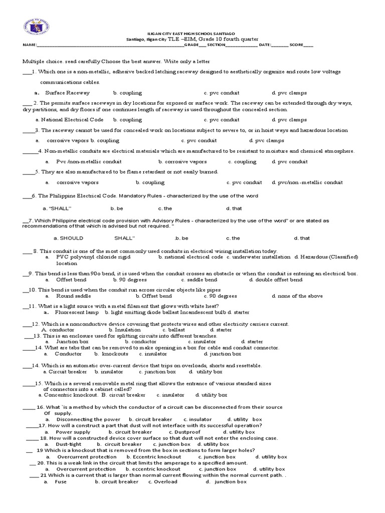 TLE 10 4th Quarter Exam. | PDF | Fuse (Electrical) | Electrical Wiring