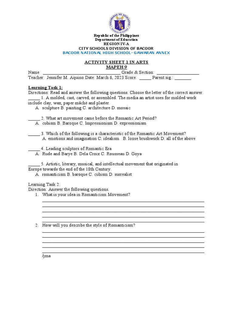 Activity Sheet 1 in Arts 9 | PDF