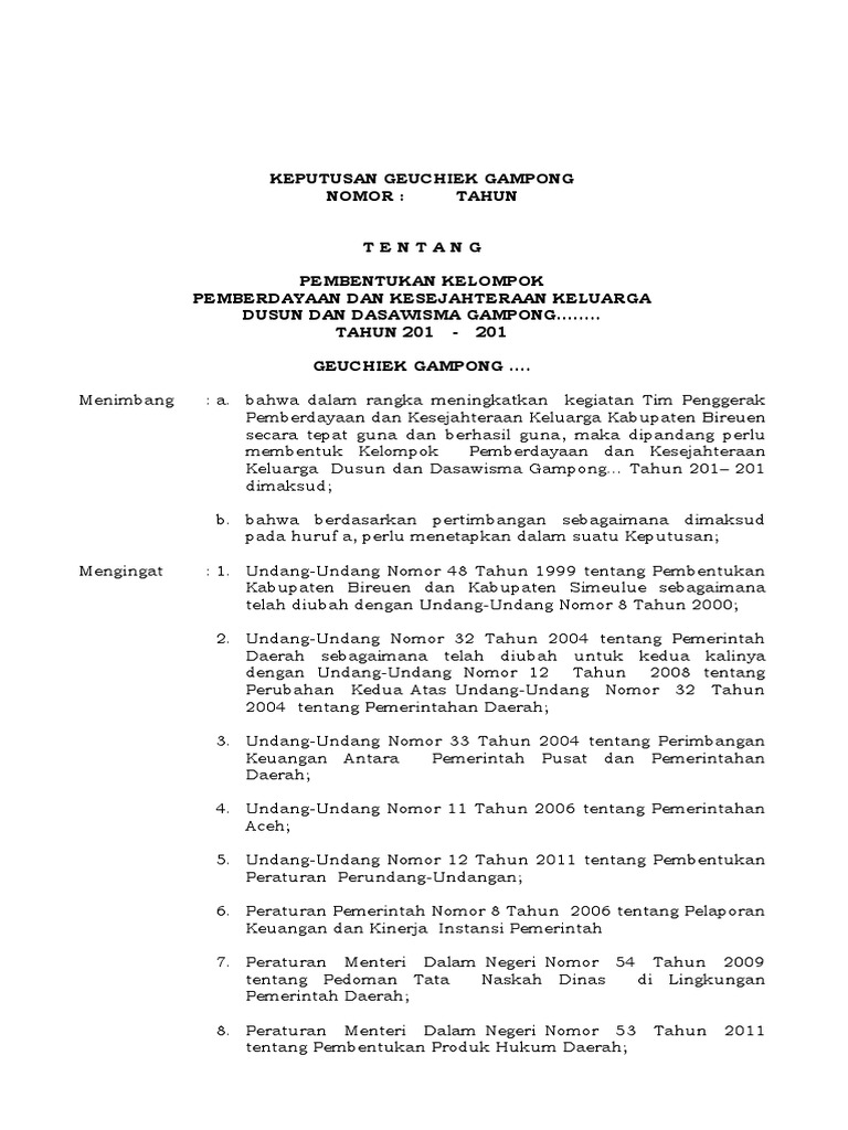 SK Pengurus PKK Dusun dan Dasawisma Kosong | PDF