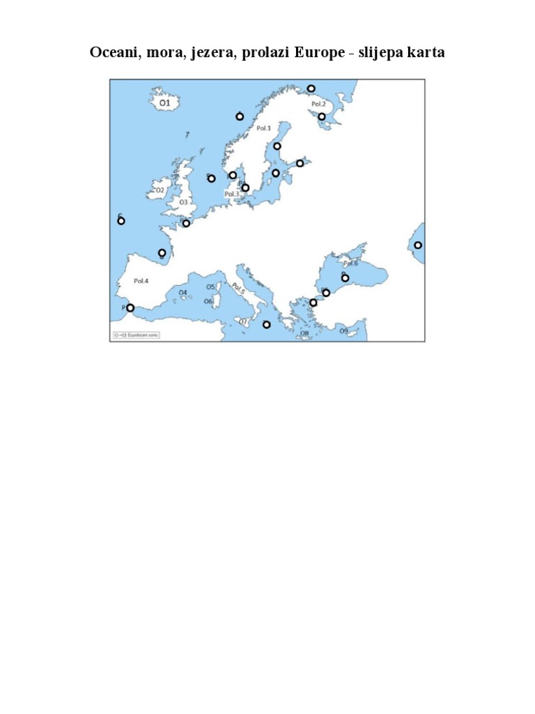 Oceani, Mora, Jezera, Prolazi Europe - Slijepa Karta | PDF