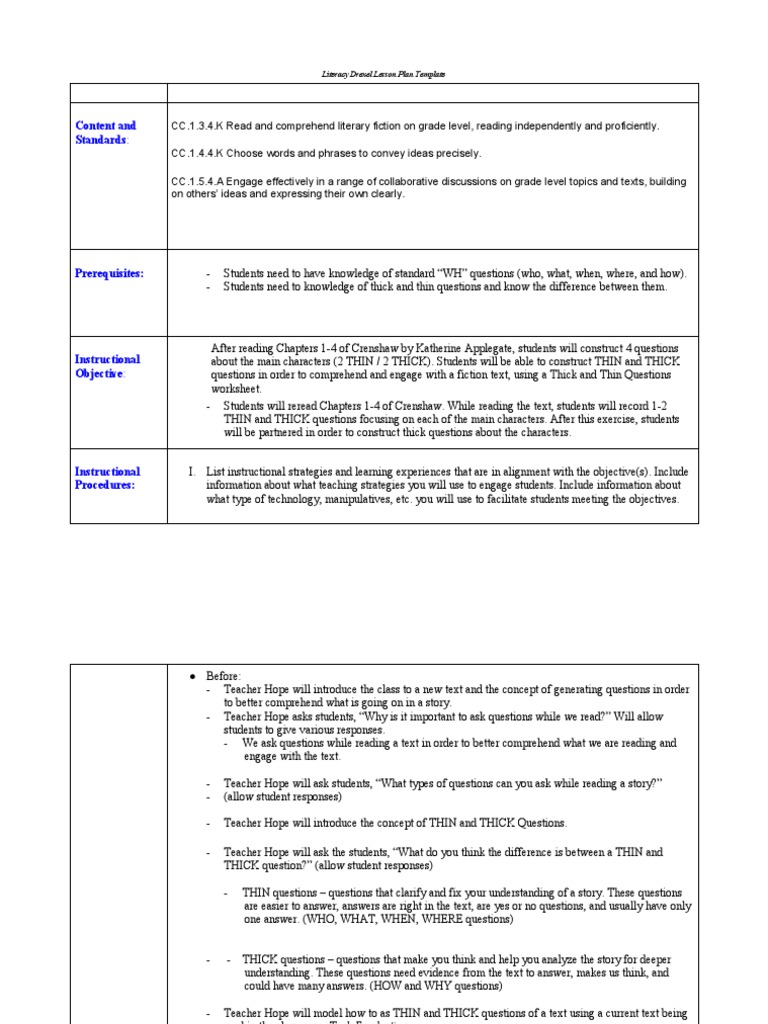 Literacy Lesson Plan: Thick and Thin Questions | PDF | Lesson Plan ...