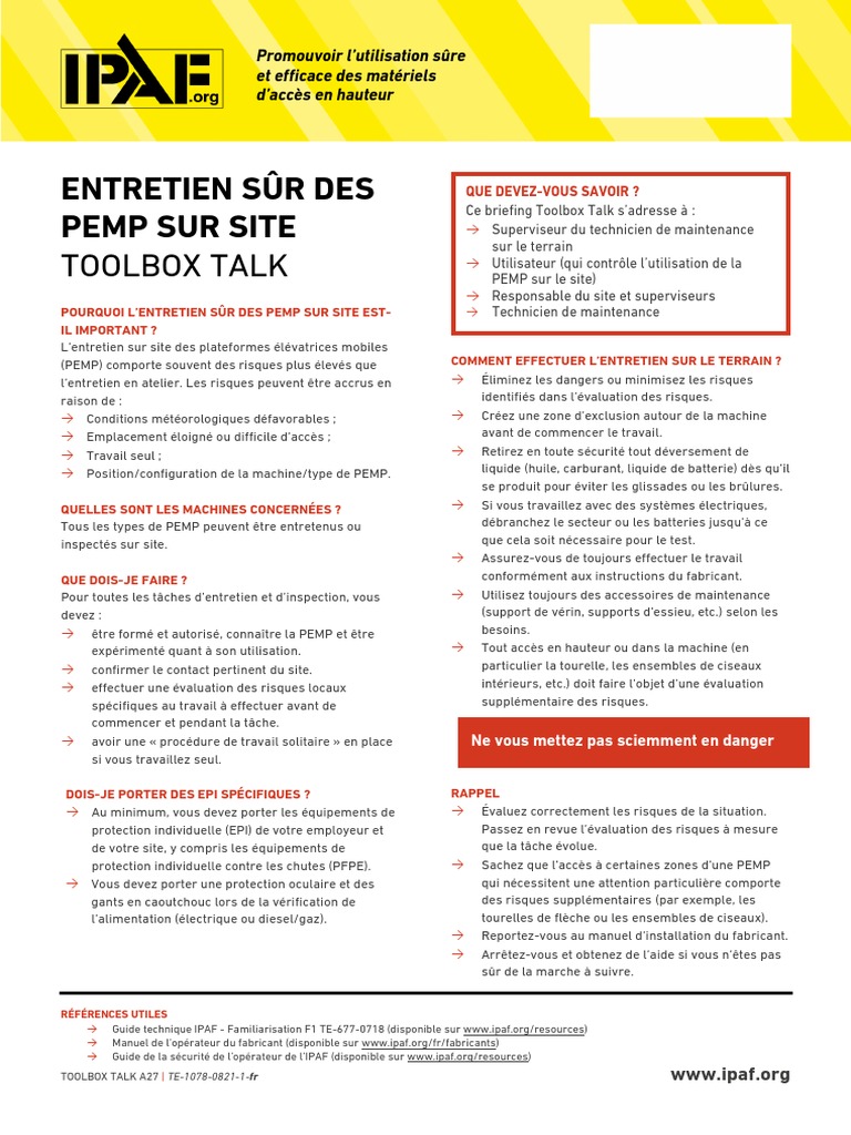 IPAF Toolbox Talk A27 (TE-1078-0821-1-fr) | PDF