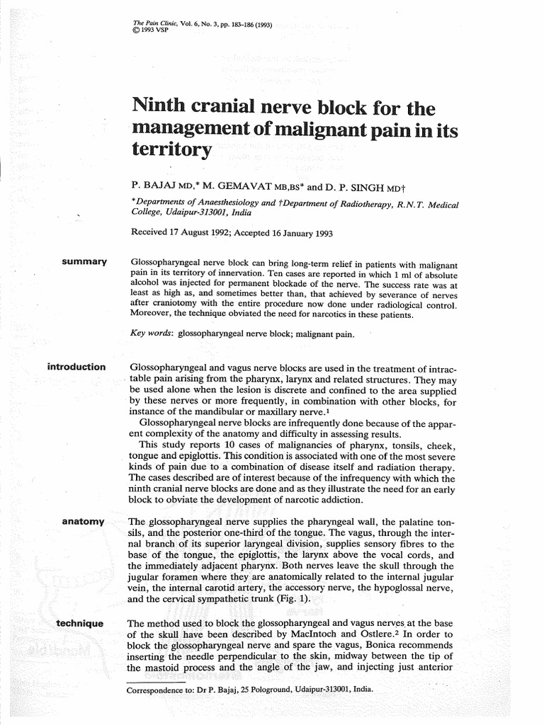 Ninth Cranial Nerve Block For The Management of Malignant Pain in Its ...