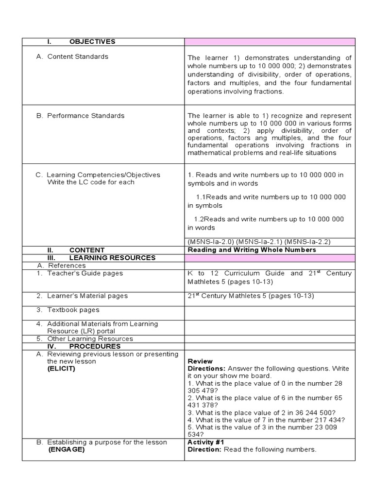 Reading and Writing Whole Numbers | PDF | Learning | Curriculum
