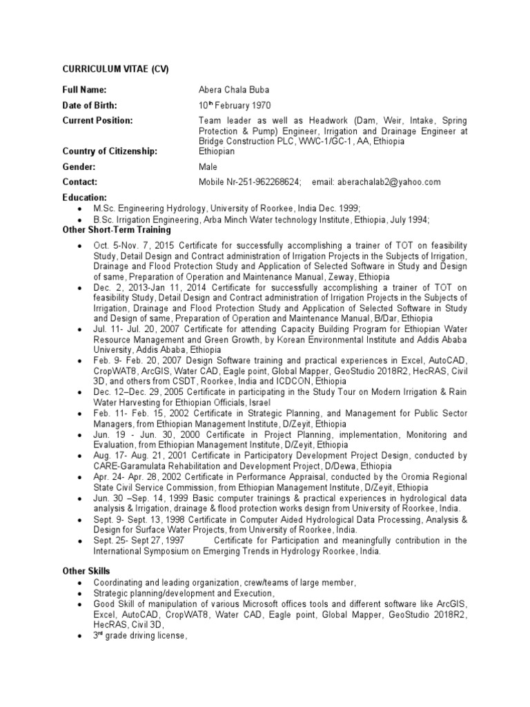 Abera's CV-Feb2023 | PDF | Irrigation | Ethiopia