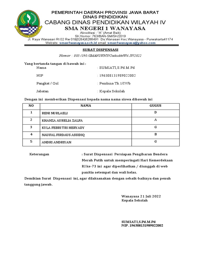 Surat Dispensasi Siswa Paskibra | PDF