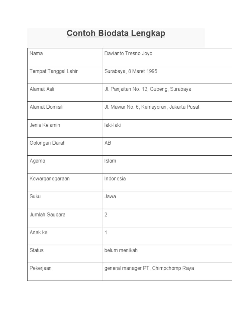 Contoh Biodata Lengkap | PDF